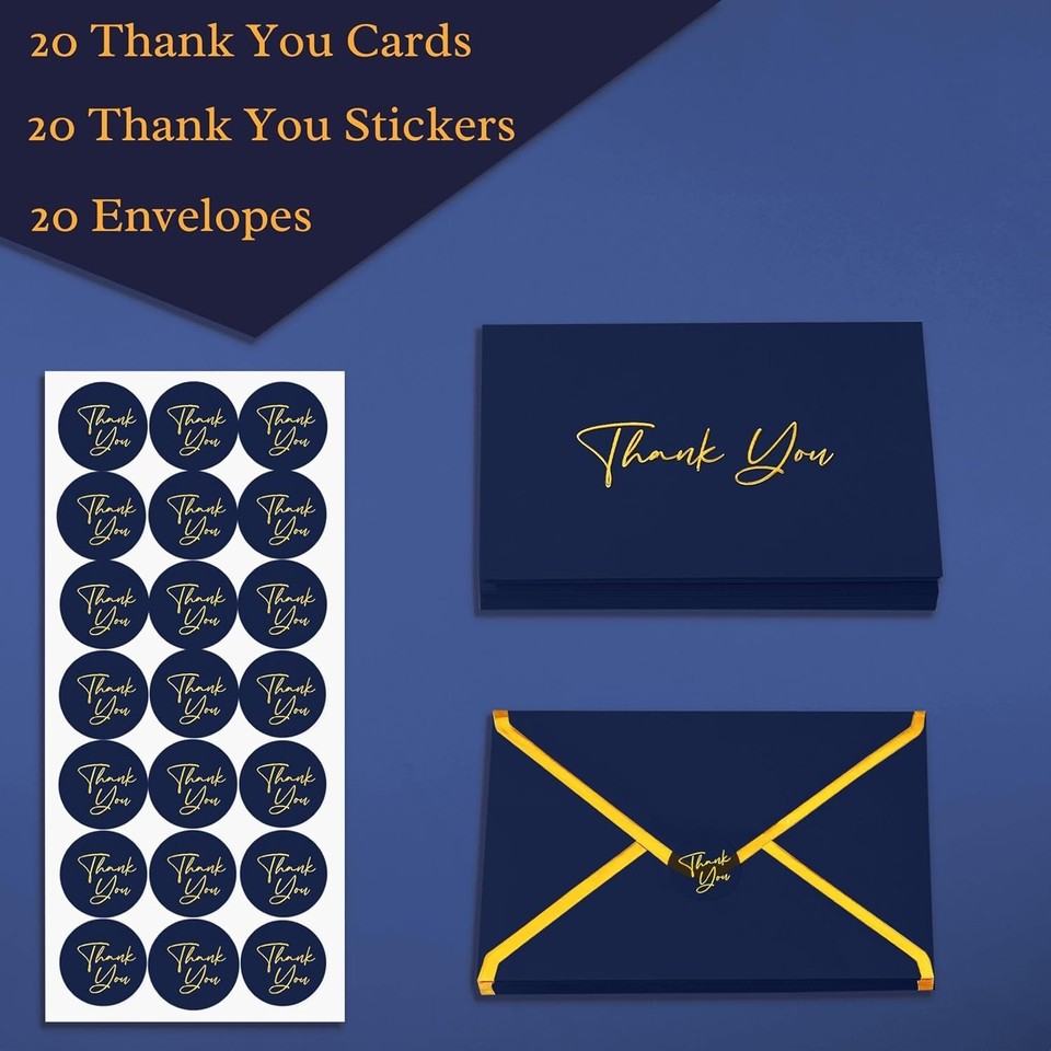 Elegant 20-Pack Navy Blue Thank You Cards with Gold Foil & Self-Seal ...