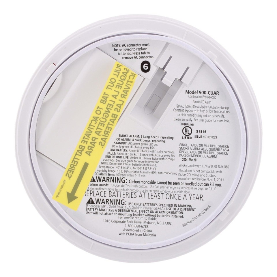 Kidde 900-CUAR Smoke & CO Alarm 120V AA Battery Backup Photoelectric ...