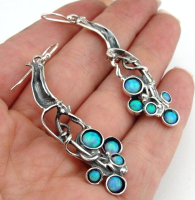 Blue Opal Earrings 925 Sterling Silver long Dangle Handmade Hadar ...