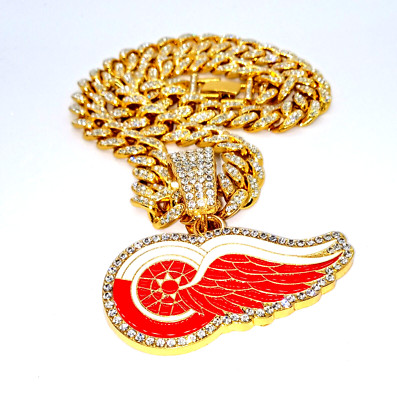 DETROIT RED WINGS GEM NECKLACE Gold Bling NHL Hip Hop Pendant & 20 ...