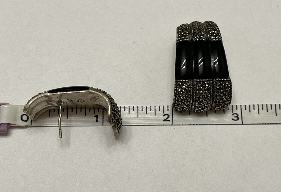 Judith Jack Large Sterling Silver Marcasite Black Onyx Pierced Earrings ...