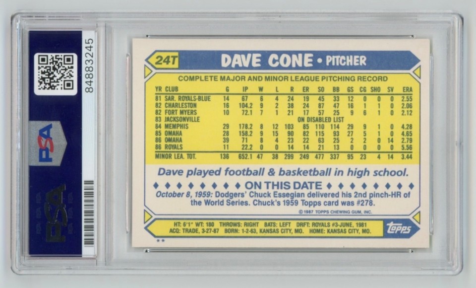 DAVID CONE Signed 1987 Topps Traded ROOKIE Card 24T PSA AUTO 10 | eBay