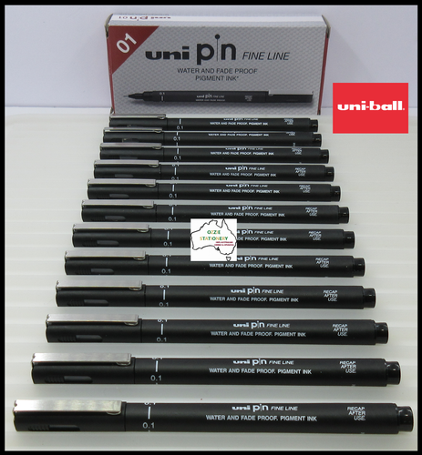 Box with 12 BLACK 0.1mm Uni Pin 200 Drawing Pin Pen Fine Liner ...