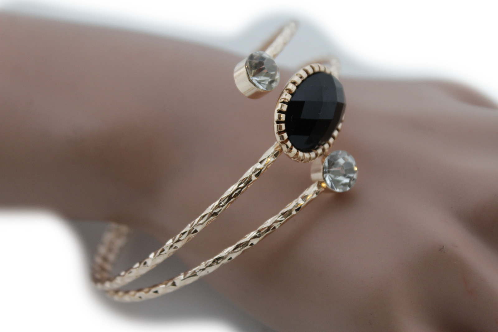 Women Gold Metal Bangle Wrist Bracelet Black Bead Rhinestones Fashion ...