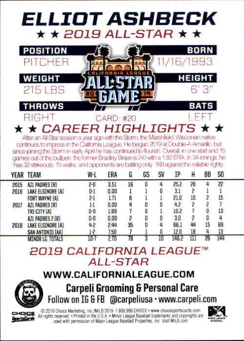 2019 California League All-Star Game Choice 20 Elliot Ashbeck ...