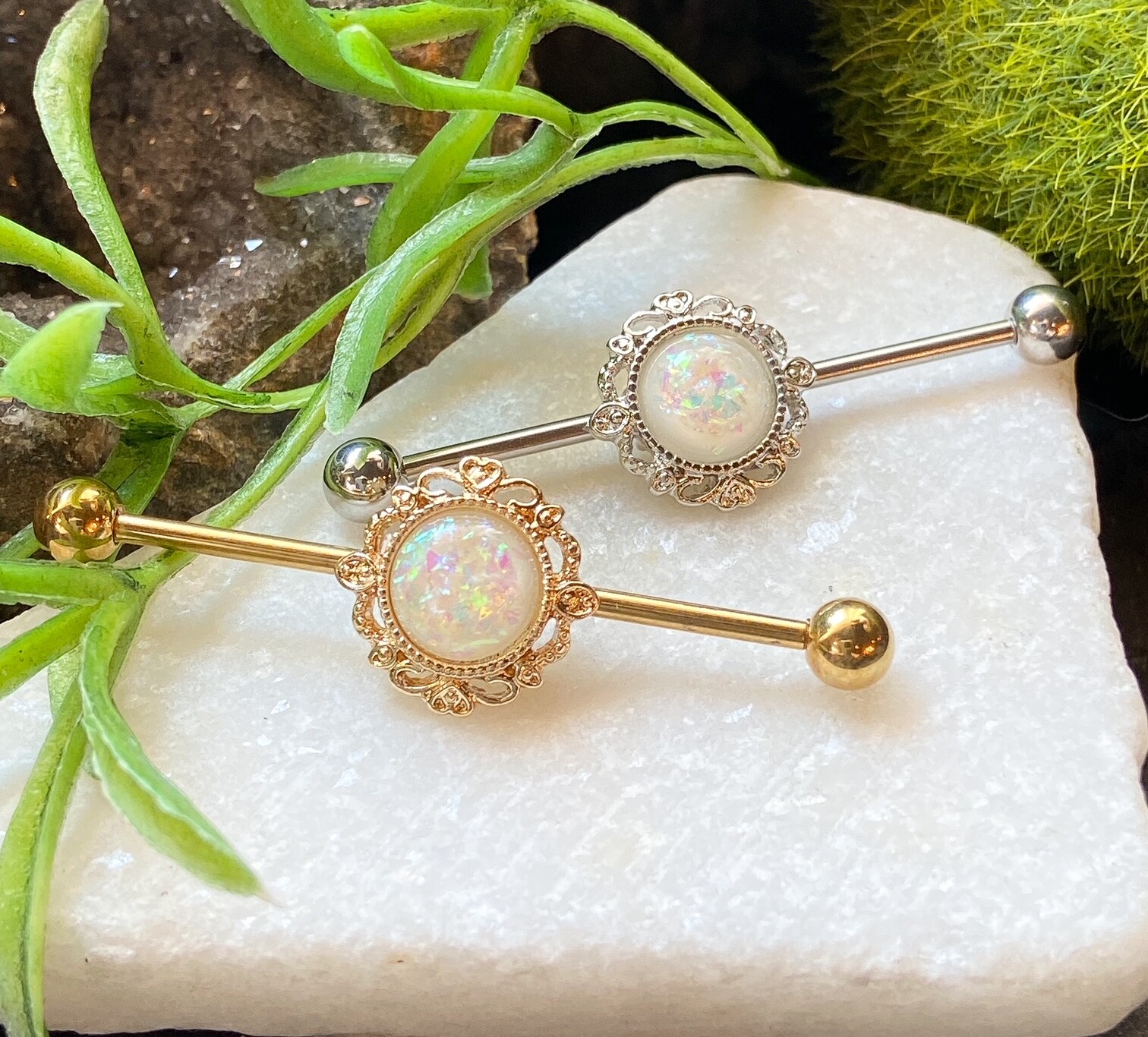 1pc Opal Glitter Lacey Filigree Edge Industrial Barbell - choose Steel ...