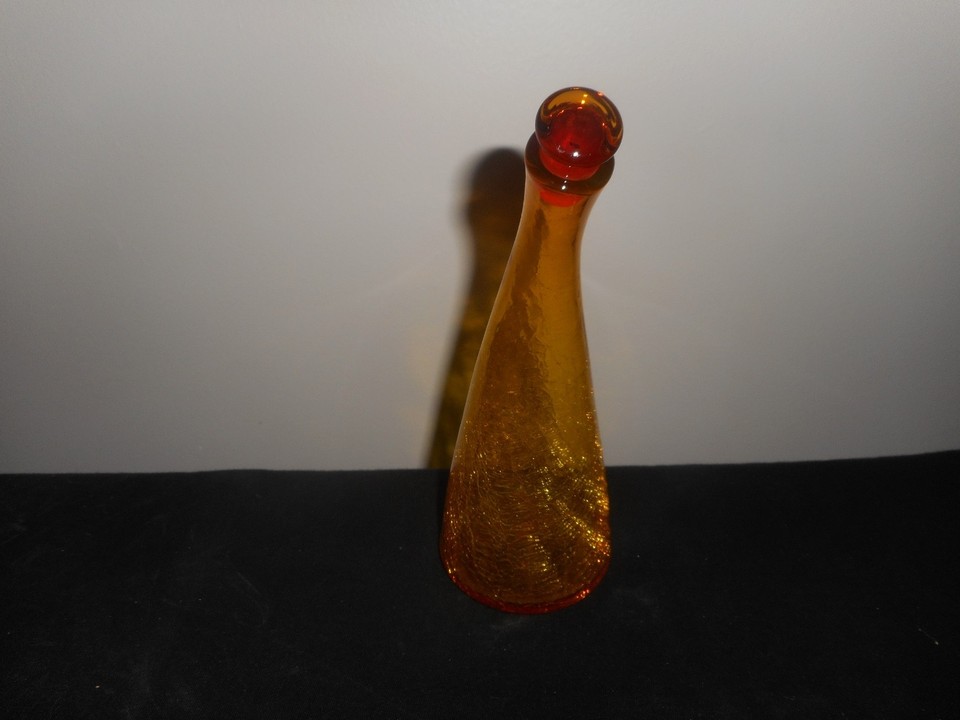MCM late 1950s Blenko 948-s Crackled Glass Bent Neck Amber Decanter. | eBay