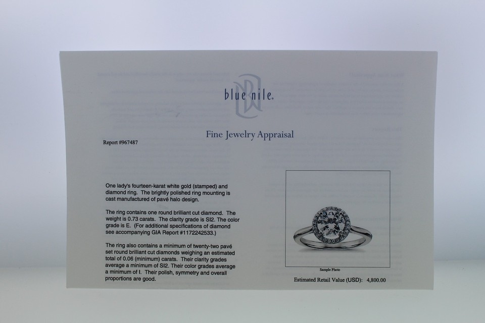 Blue Nile Halo Engagement Ring Size 5 GIA Certified .73 ctw Center ...