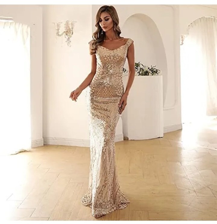 Lin Lin Q Women's Maxi Formal Off Shoulder Sequin Dress, Backless ...