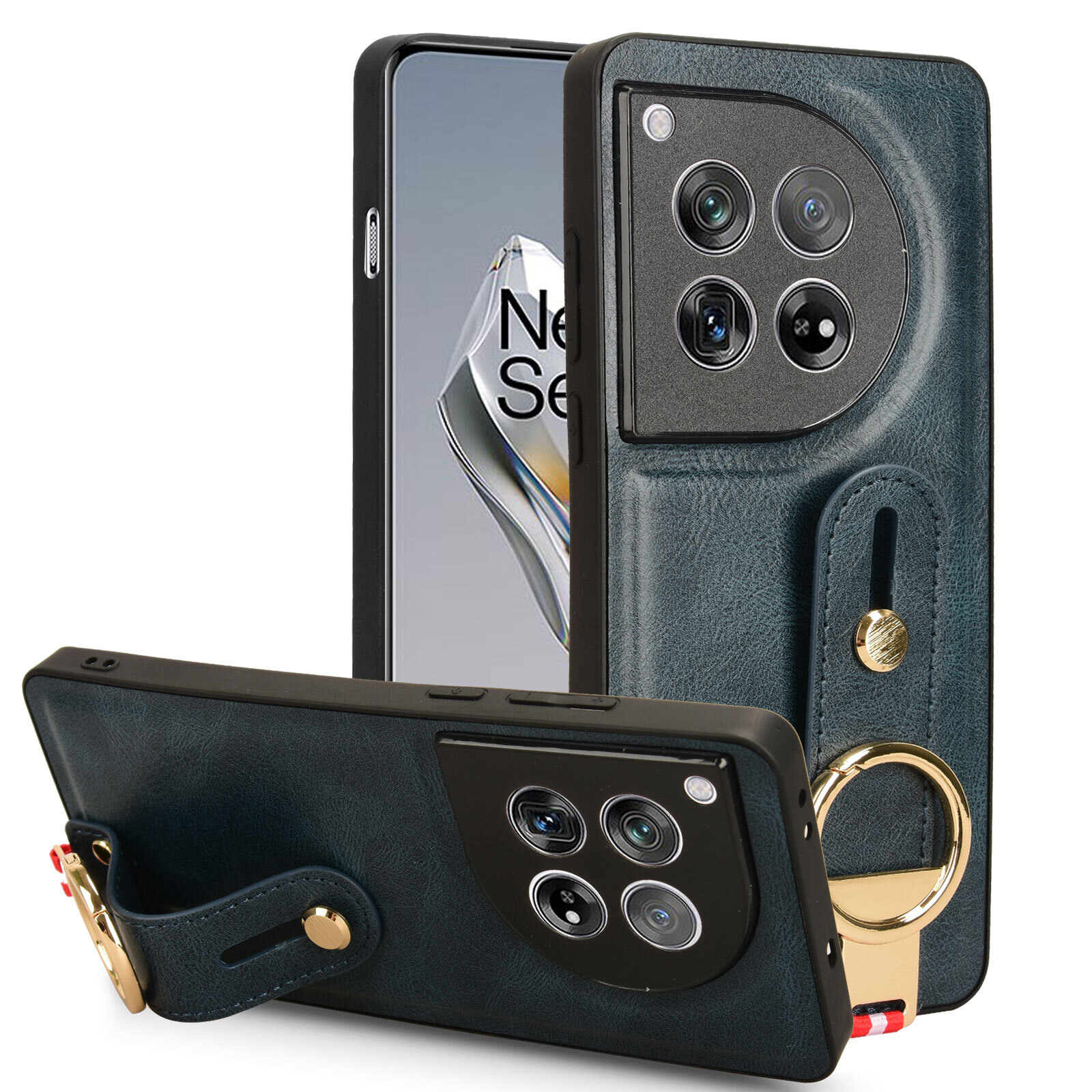 For OnePlus 12, Luxury Shockproof Wristband PU Leather Cover Case Ring ...