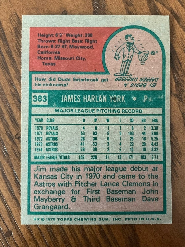 JIM YORK 1975 Topps Baseball Card #383 – HOUSTON ASTROS | eBay