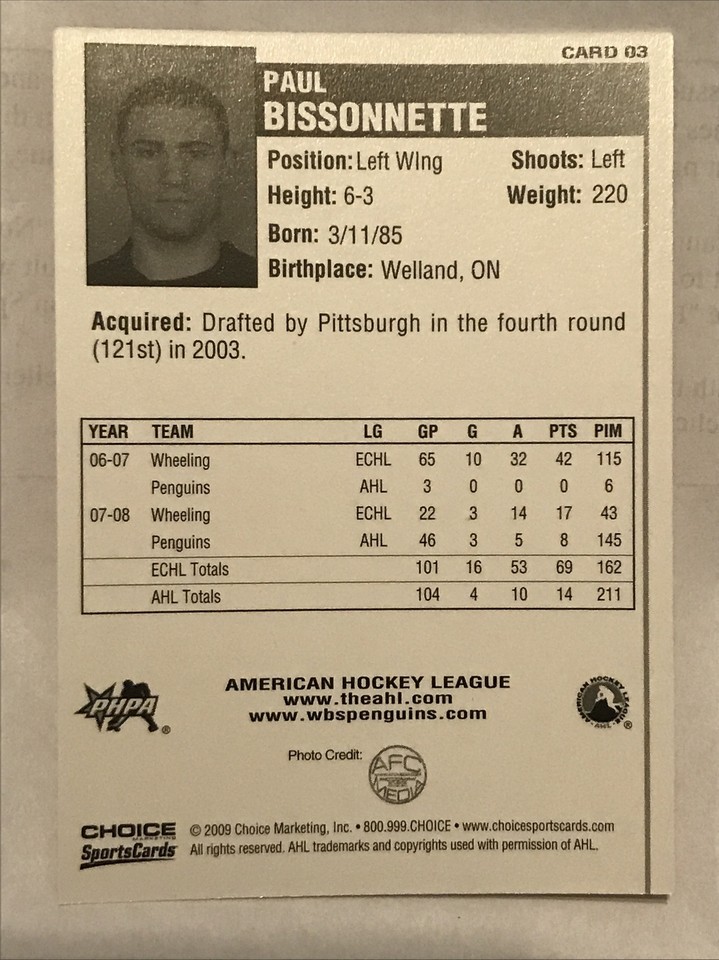 2008 Choice Wilkes-Barre Scranton Penguins #3 paul bissonnette hockey ...
