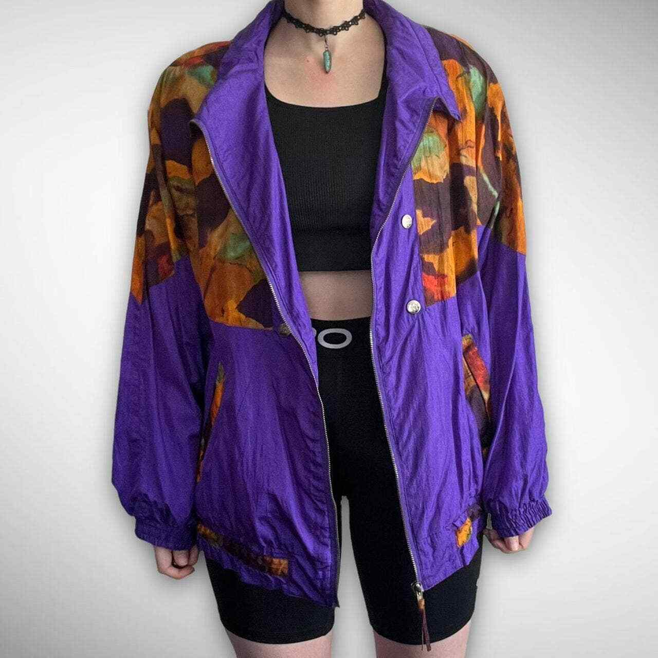 Purple Windbreaker Jacket Batwing Style Watercolor Zi… - Gem