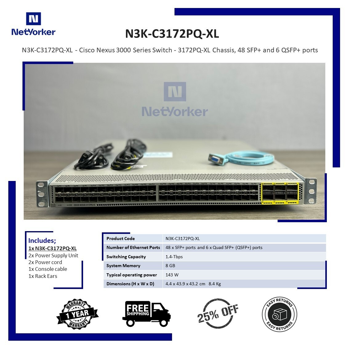 Cisco Nexus N3K-C3172PQ-XL 48 SFP+ and 6 QSFP+ ports Switch - Same Day ...