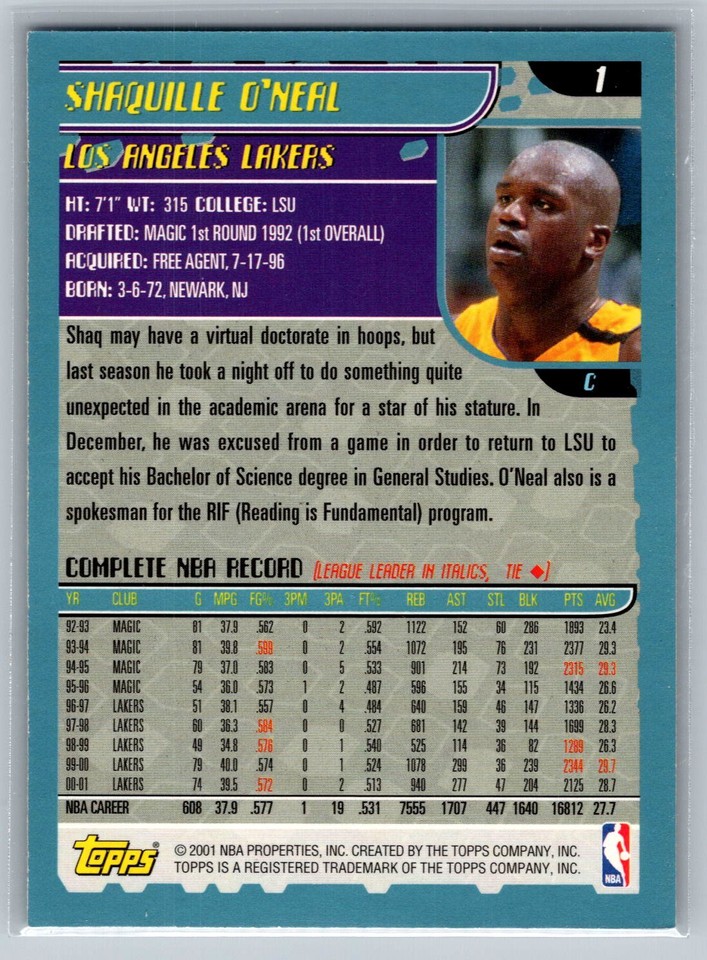 2001 Topps Basketball #1 Shaquille O'Neal Los Angeles Lakers HOF | eBay