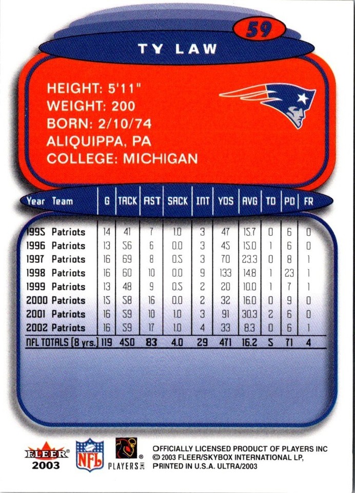 2003 Ultra Ty Law #59 New England Patriots Football Card | eBay