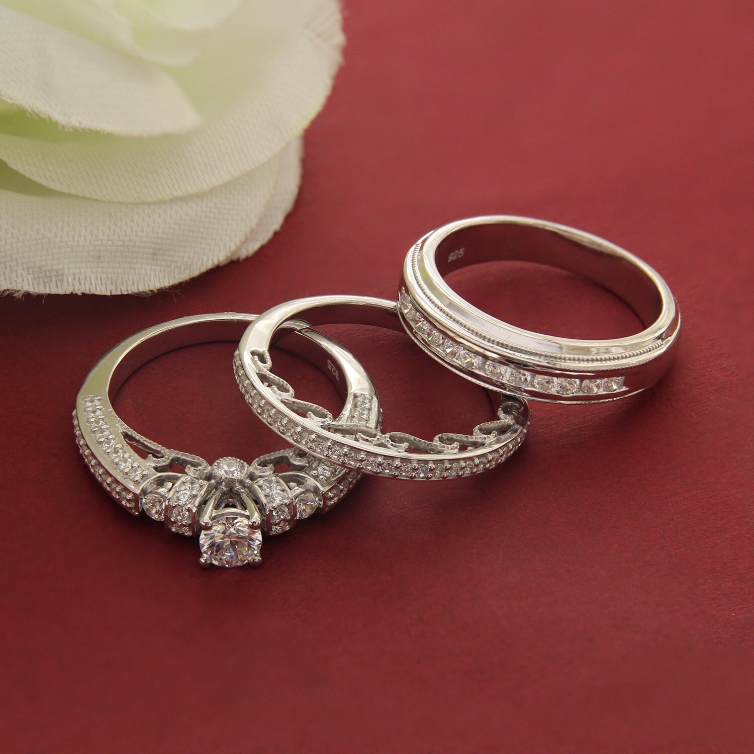 3 CT Round Cut Simulated Diamond Wedding Trio Bridal Ring Set 925 ...
