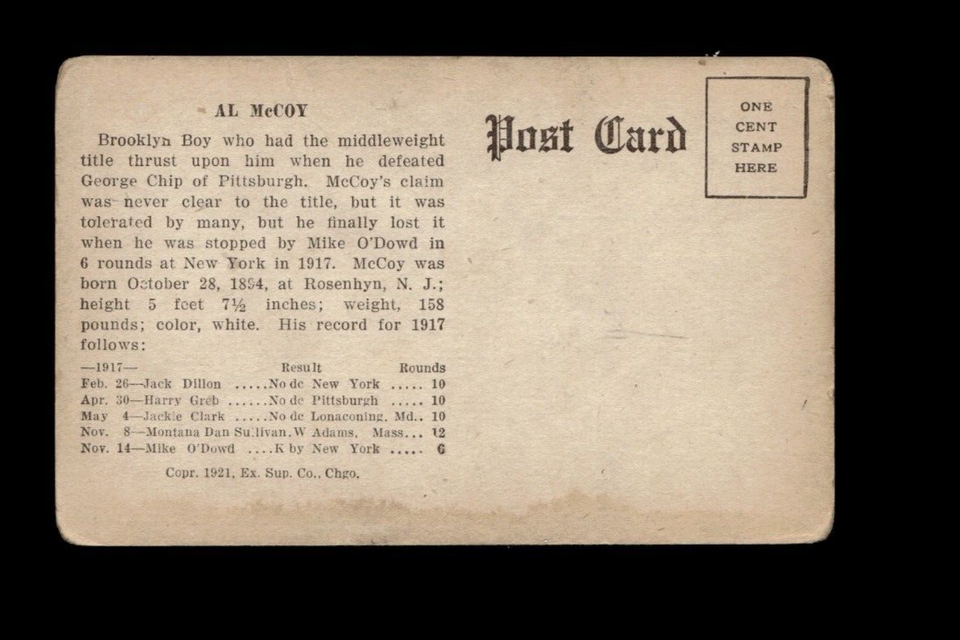 Al McCoy 1921 Exhibit Boxing Postcards #_ALMC | eBay