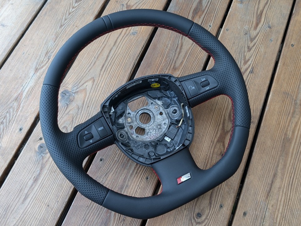 NEW LEATHER Steering Wheel Audi A6 C6 A4 B7 Q7 S-line FLAT BOTTOM black ...