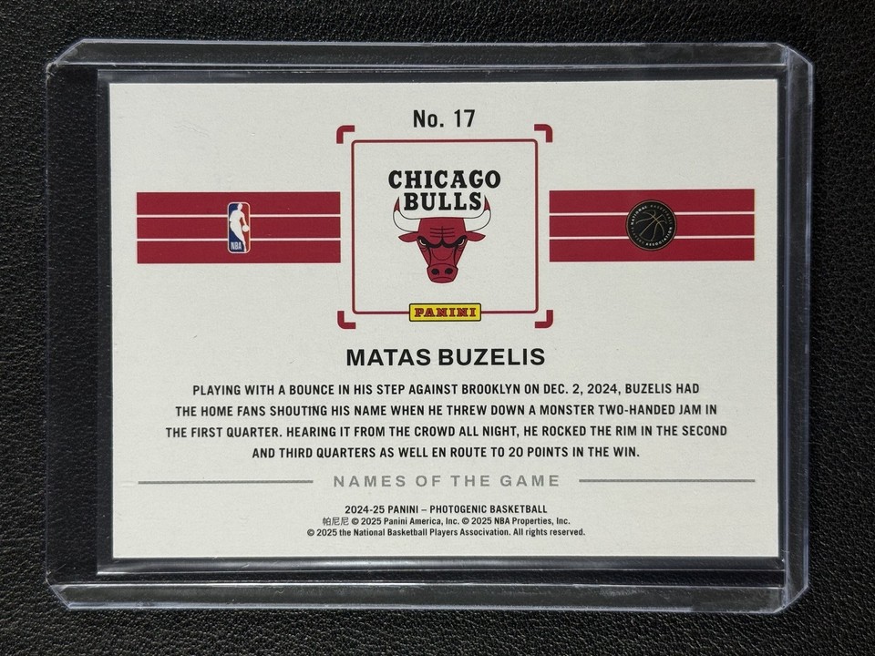 MATAS BUZELIS 2024-25 PANINI PHOTOGENIC ROOKIE NAMES OF THE GAME RC SSP ...