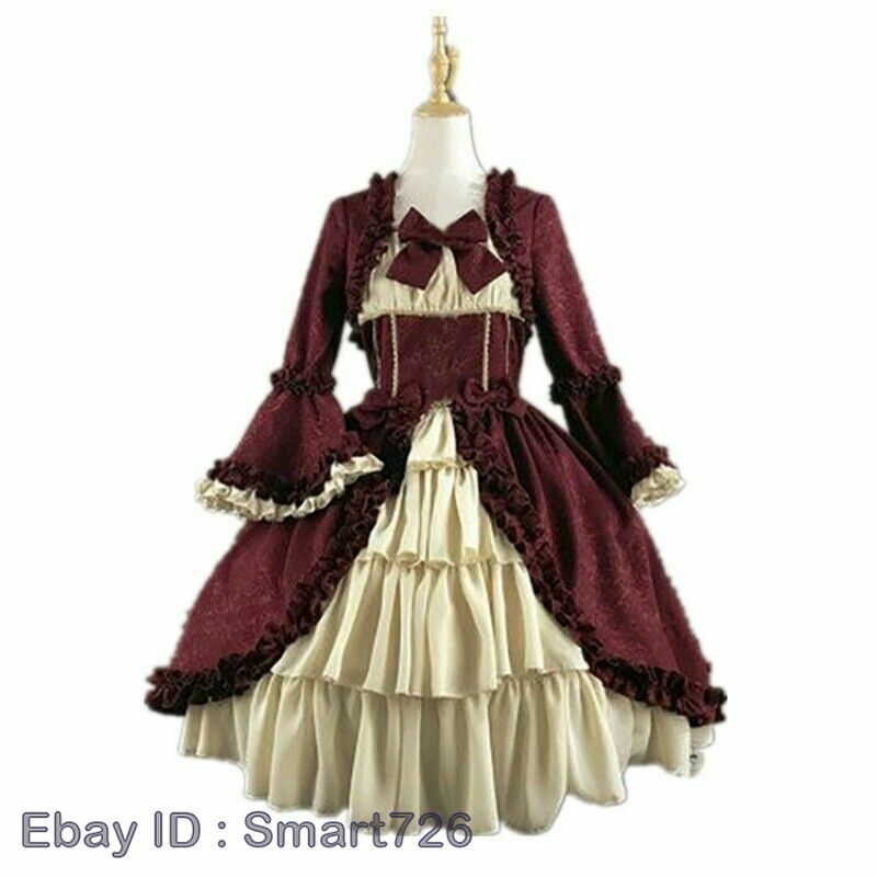 Women Gothic Lolita Dress Tiered Ruffle Medieval Victorian Vintage ...
