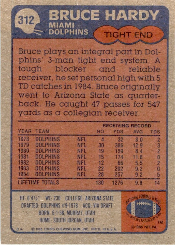 1985 TOPPS BRUCE HARDY MIAMI DOLPHINS #312 | eBay