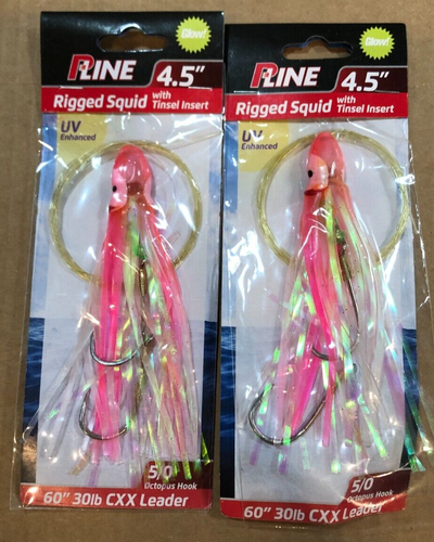 LOT OF 2 P Line 4.5" GLOW Rigged Squid Skirt With Tinsel Insert Pink UV ...