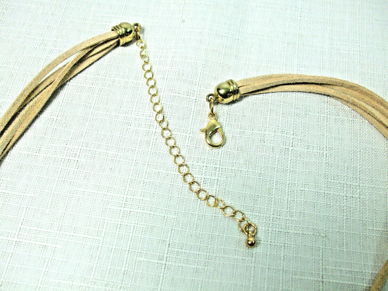 4 Strands Necklace Tan Leather Strings Beaded w Light Stones Gold Tone ...