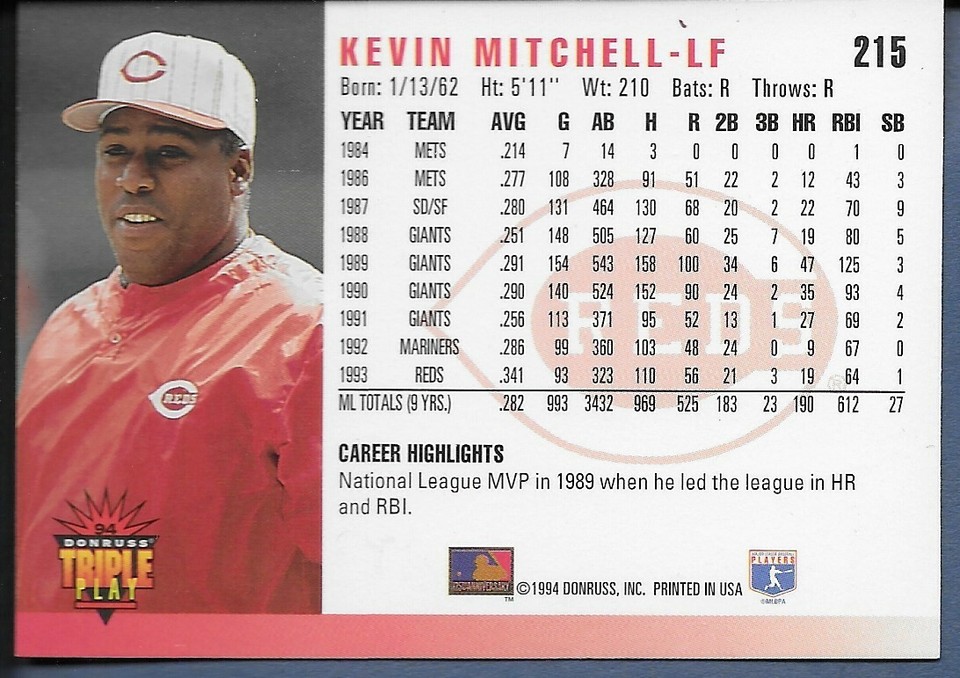 1994 Donruss Triple Play Kevin Mitchell #215 Cincinnati Reds | eBay