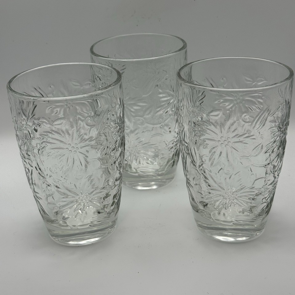 Princess House Fantasia 12 oz Clear Set/3 Glass 5” Tumblers Poinsettia ...