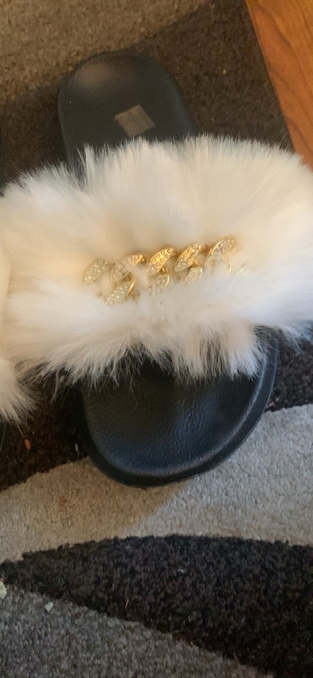 Fuzzy Slides Size 10 With Faux Gold Chain Embellishment | eBay