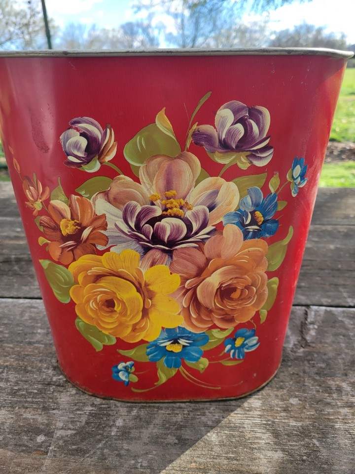 Vintage Harvell Floral Metal Trash Can Red MCM | eBay