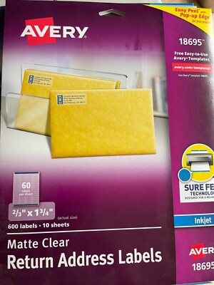 #18695 AVERY matte clear easy peel return address labels: 12 sheets/720 ...