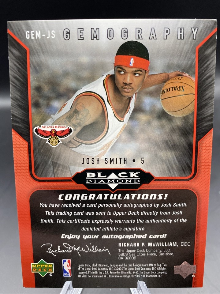 Josh Smith 2005 Upper Deck Black Diamond Gemography Rookie On Card Auto ...