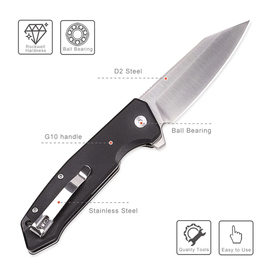 Tactical Folding Pocket Knife 3.5" D2 Drop Blade G10 Handle W/Clip Men ...