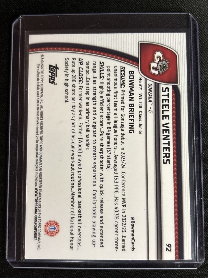 🔥Steele Venters 2024-25 Bowman U Sapphire #92 Gonzaga | eBay