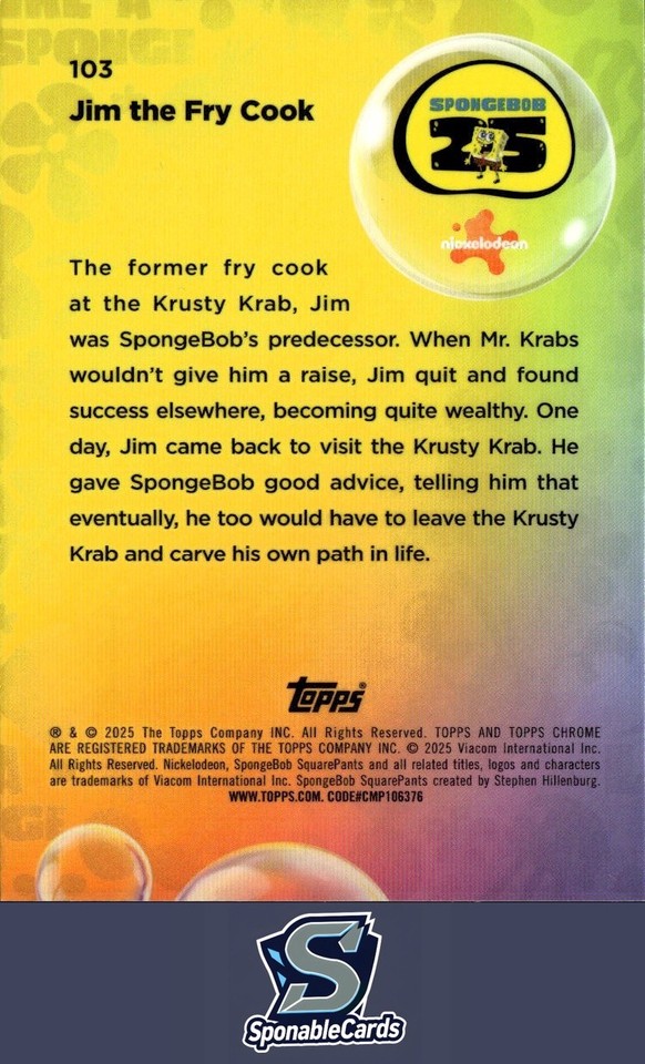 2025 Topps Chrome SpongeBob SquarePants 25th #103 Jim the Fry Cook Kelp ...