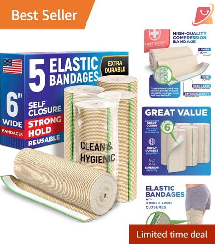 Elastic Bandage Wrap 6in 5pk Strong Compression Self-Closing First Aid ...