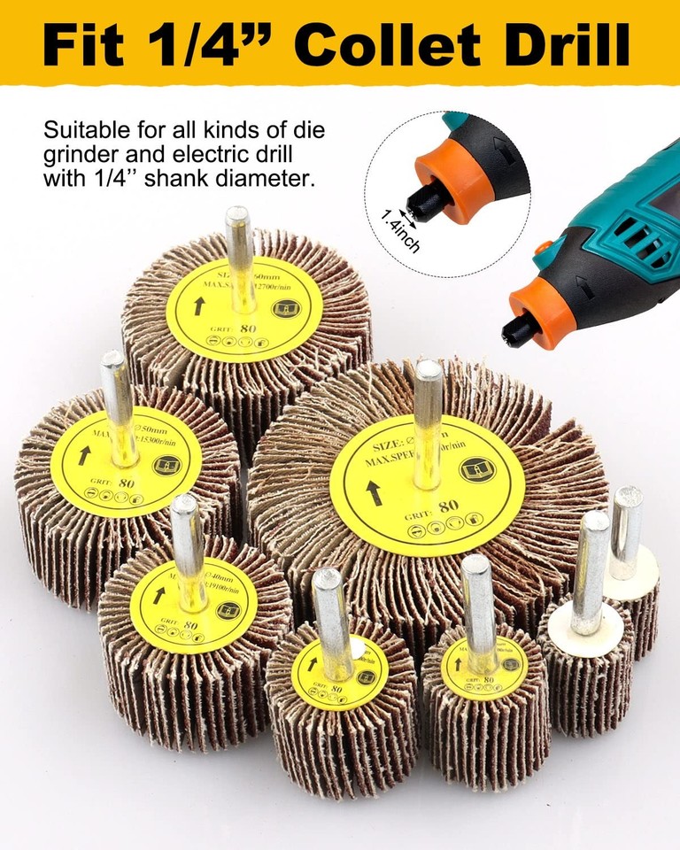 8 Pcs Flap Wheel Sander Set, 1/4" Shank 8Size Flapper Wheel, Long ...