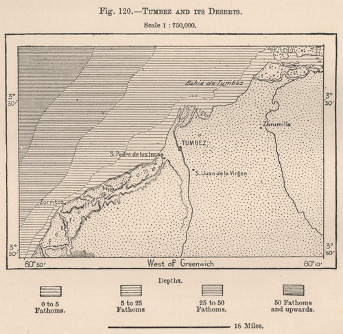 Tumbez/Tumbes and its deserts. Peru 1885 old antique vintage map plan ...