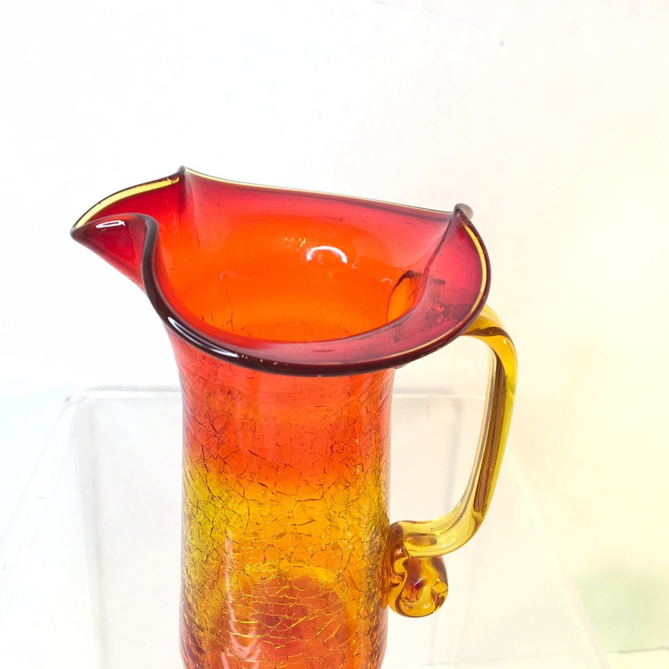 Vtg Rainbow Art Glass Amberina Crackle Glass Pitcher Orange Yellow Mid ...