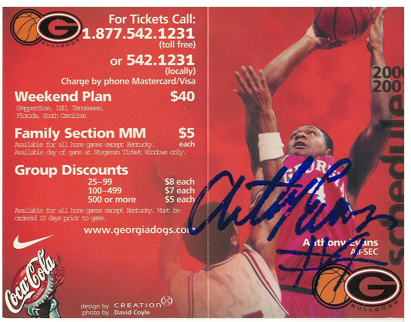 ANTHONY EVANS GEORGIA BULLDOGS RARE 2000-01 SIGNED BASKETBALL SCHEDULE ...