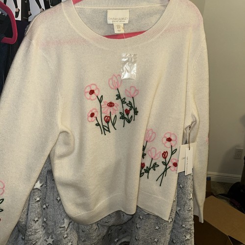NWT CYNTHIA ROWLEY 100% 2-ply Cream Cashmere Sweater Size xL Floral ...