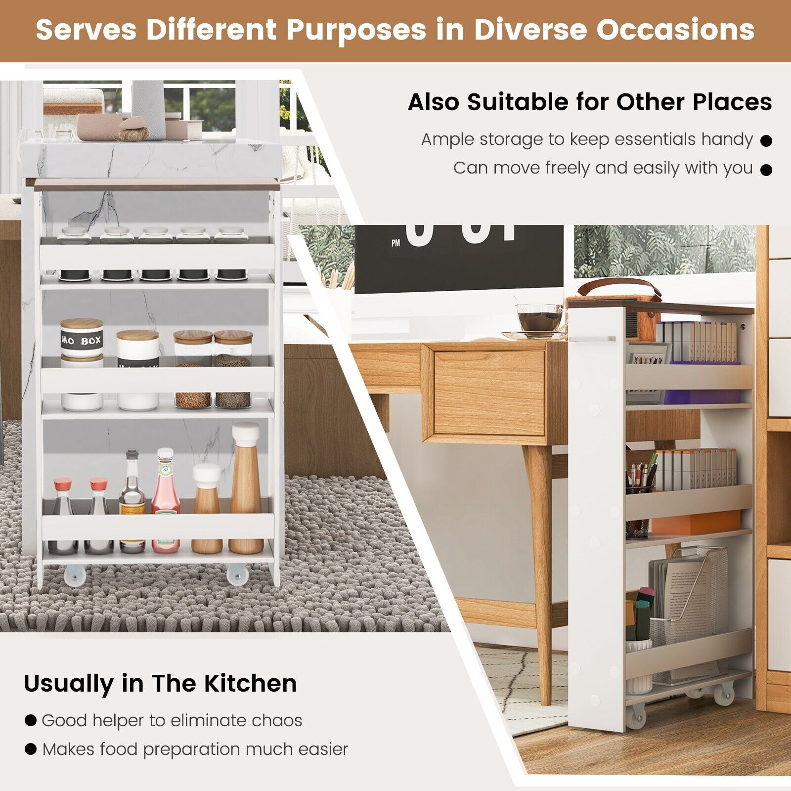 3-Tier Slim Kitchen Storage Trolley Cart Rolling Storage Organiser ...