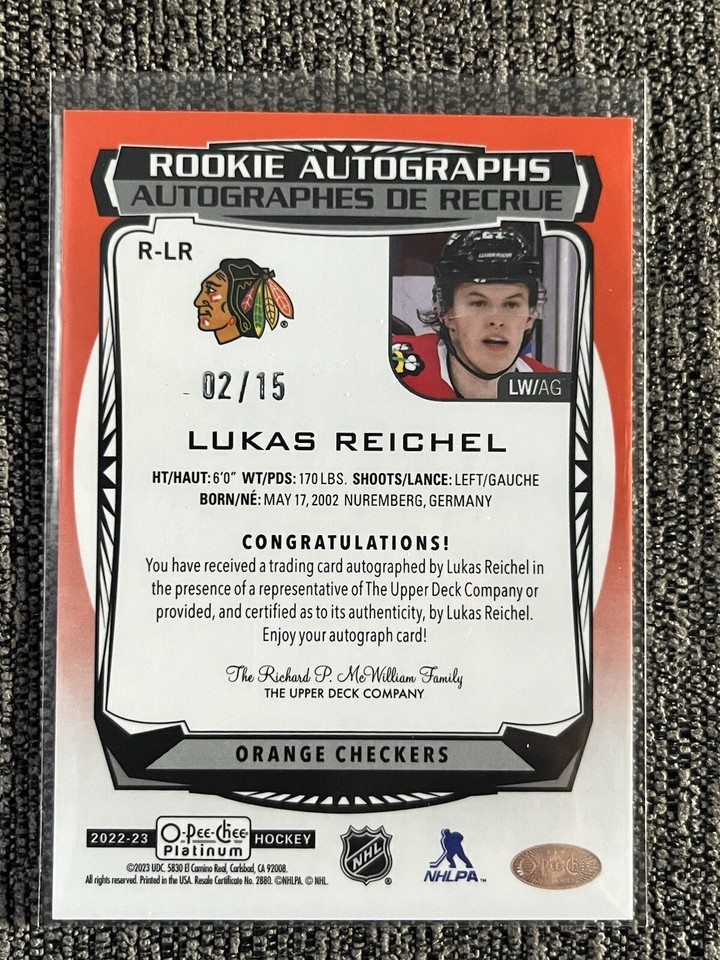 Lukas Reichel Orange Checker RC auto 02/15 O Pee Chee Platinum R-LR ...