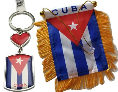 Cuba Cuban Mini Banner Rearview Flag w/Heart Charm Keychain Fob Key ...