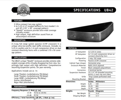 EAW UB42 350W RMS V-LoProfile LOUDSPEAKER 4X 5.25" LF & 2X HF 1" EXIT ...