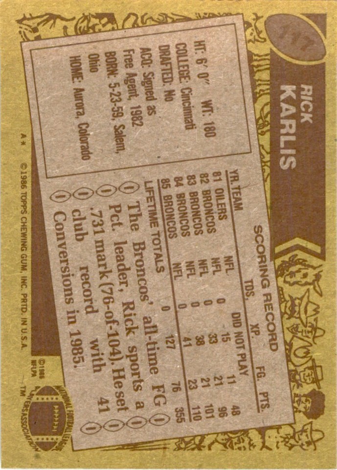 1986 TOPPS! RICK BRYAN* DENVER BRONCOS #117 | eBay