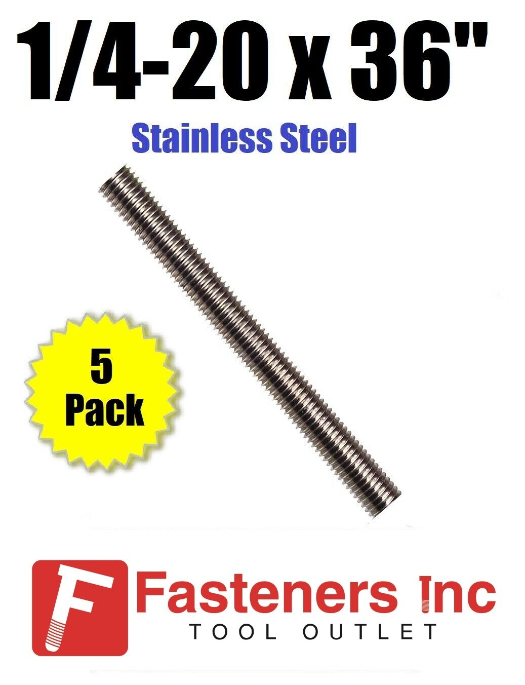 (Qty 5 Sticks) 1/4-20 x 36" Stainless Steel Threaded Rod 304 Stainless ...