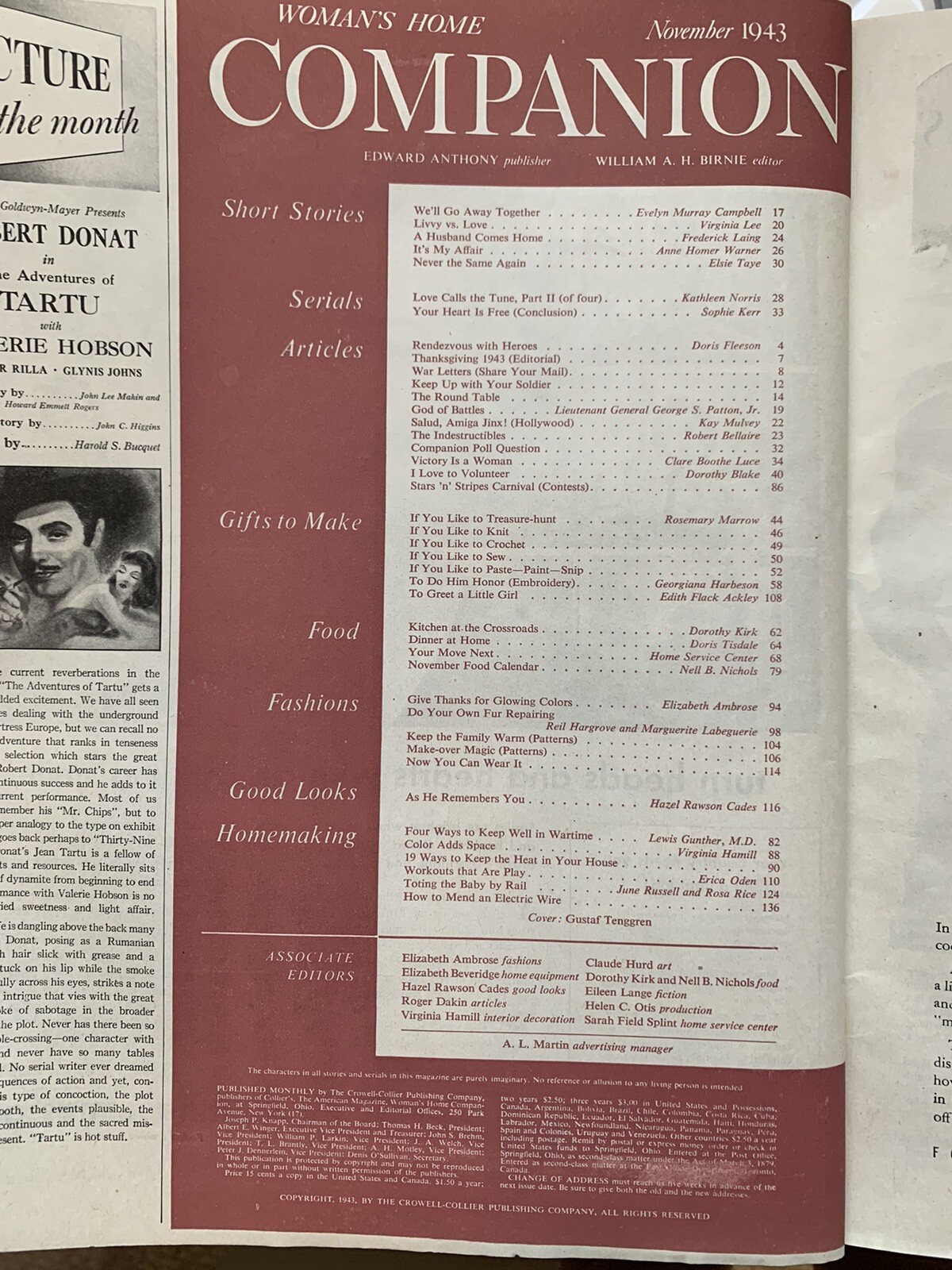 WOMAN'S HOME COMPANION Magazine November, 1943. Gustaf Tenggren cover ...